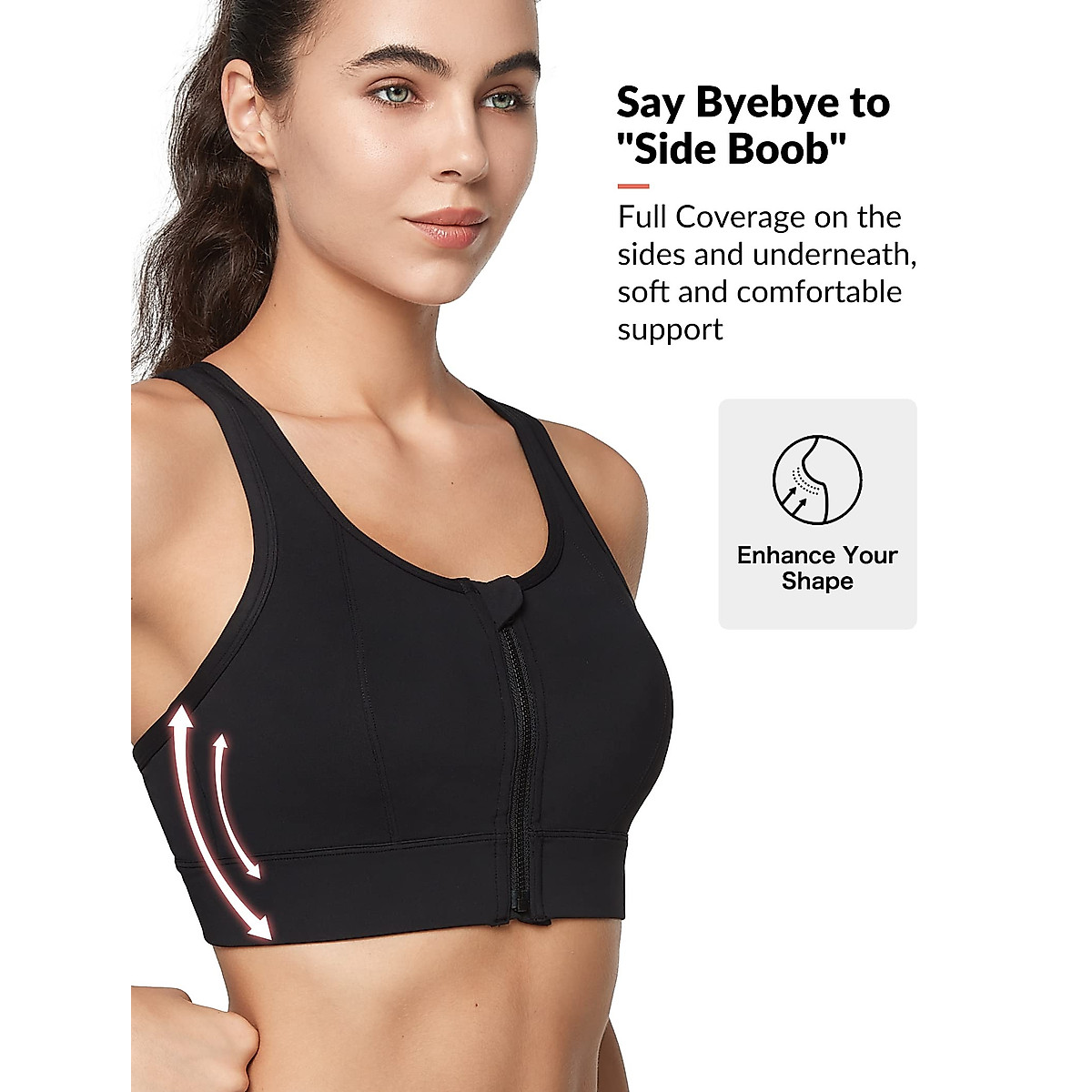 Yvette Zip Front Close Sports Bra - High Impact Full Support for Large Bust,Sewn in Pads,Wireless and Supportive, Black,M+