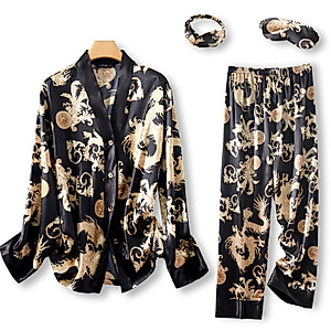 Arwser Women's Silk Satin Pajamas Set 4pcs Long Sleeve Button Down Sleepwear V-Neck Printed Dragon Pjs Black