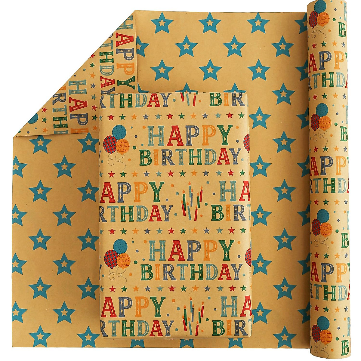 BOLIANNE Kraft Birthday Wrapping Paper Roll for Boys Girls Kids Men Women - Reversible Happy Birthday Gift Wrap Paper Roll for Holiday Party - 1 Gift Wrapping Paper Roll, 17.2 Inch X 33 Feet