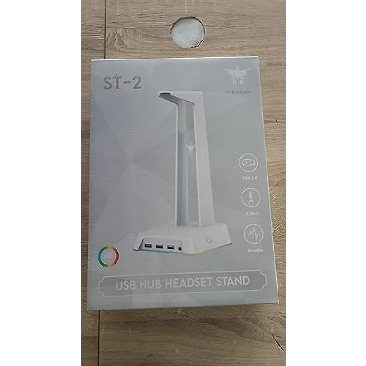 PHNIXGAM RGB Headphone Stand with 3.5mm AUX and 3 Port USB 2.0 Hub, Universal Gaming Headset Hanger Holder for Computer Gaming Gamer Accessories (White)