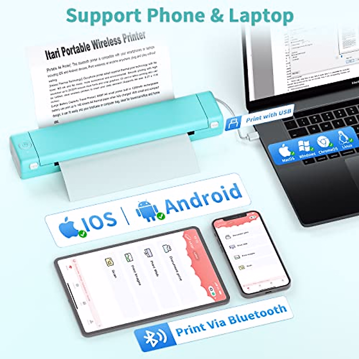 Itari Portable Printer Wireless for Travel - M08F-Letter Bluetooth Tattoo Stencil-Printer Support 8.5" X 11" US Letter, No-Ink Thermal Compact Printer, Compatible with Android and iOS Phone & Laptop