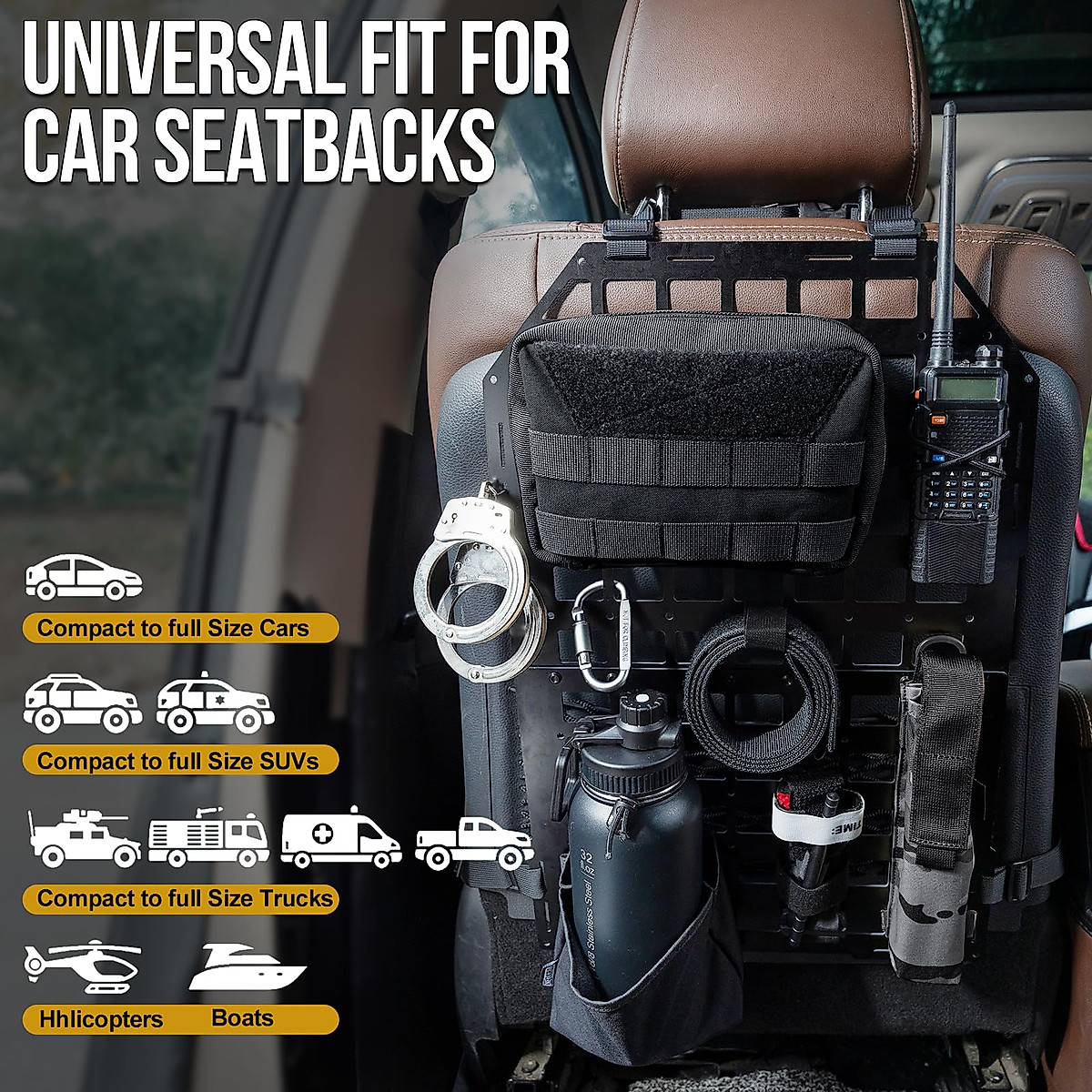 OneTigris Molle Seat Back Organizer, Tactical Rigid MOLLE Car Panel, Fiberglass Universal Car Seat Cover Back Seat Organizer for Vehicles Trucks Cars Mount Rack for Modular Storage & Display