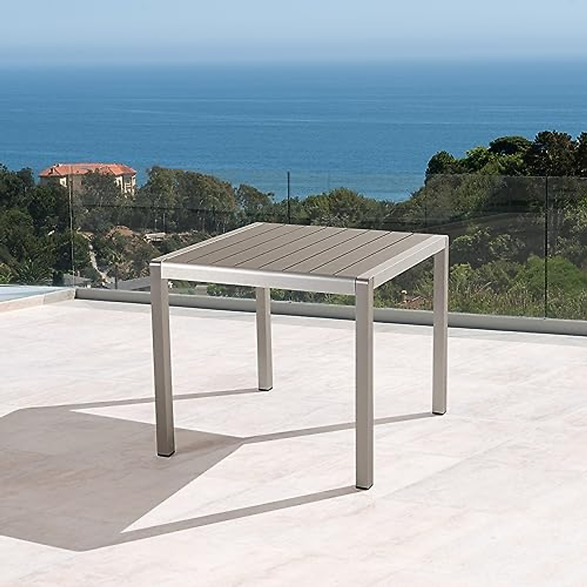 Christopher Knight Home Louie Coral Outdoor Dining Anodized Aluminum-Faux Wood Table Top-Square Gray-35, Silver + Gray