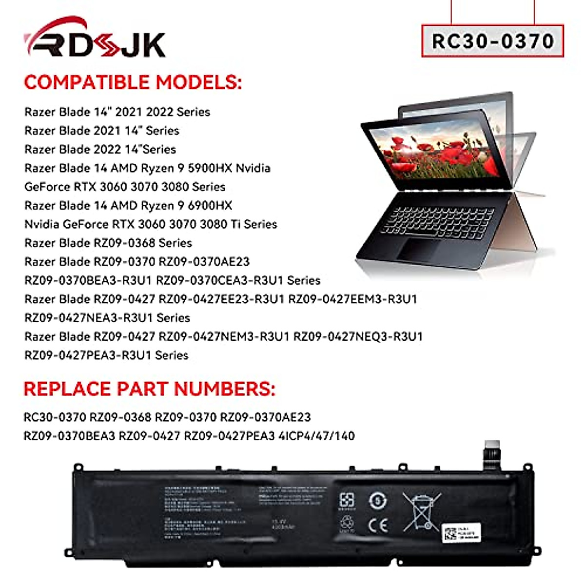 RC30-0370 61.6Wh Laptop Battery for Razer Blade 14 2021 2022 RZ09-0370 RZ09-0368 RZ09-0427 RZ09-0370AE23-R3U1 RZ09-0370BEA3-R3U1 RZ09-0370CEA3-R3U1 RZ09-0427EE23-R3U1 RZ09-0427EEM3-R3U1 RZ09-0427PEA3