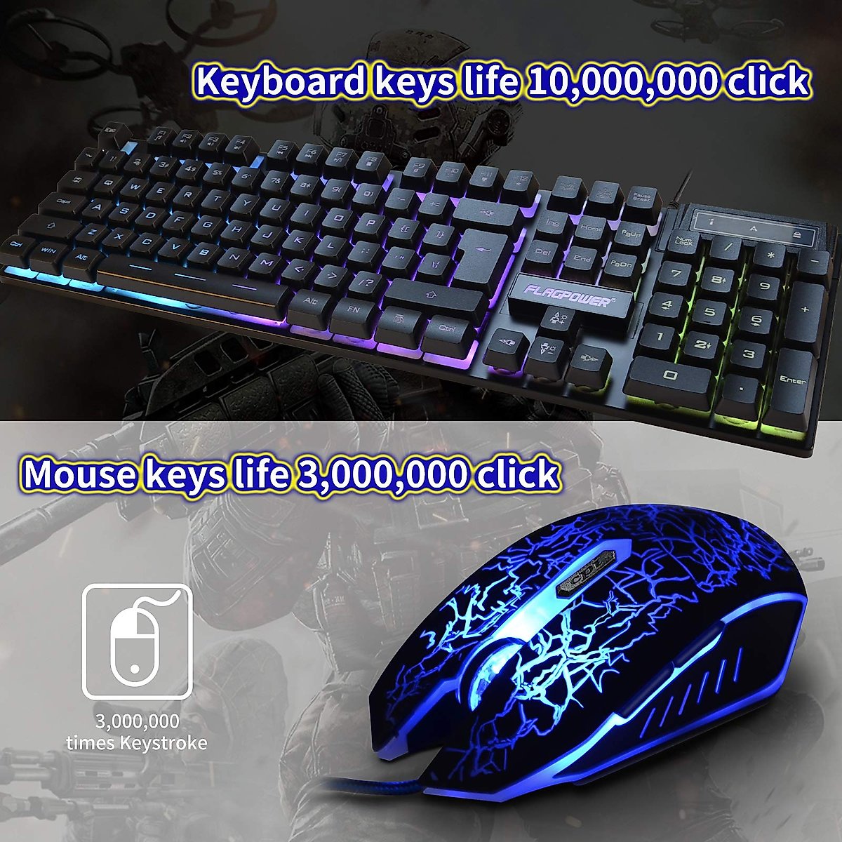 FLAGPOWER Gaming Keyboard and Mouse, Gaming Mouse Pad Combo, 3 Colors Changeable Backlit Mechanical Feeling Keyboard with 4 Colors Breathing LED Backlight Mouse for PC Laptop Computer Game and Work