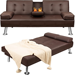 YESHOMY Futon Sofa Bed, Modern Faux Leather Convertible Folding Lounge Couch for Living Room with 2 Cup Holders Removable Soft Armrest and Sturdy Metal Legs, Black