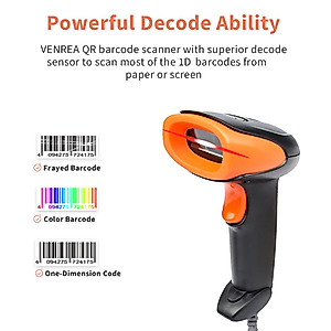VENREA QR 1D Barcode Scanner, USB Wired Handheld High Speed QR Code Reader Compatible for Windows/Mac Square POS System Mobile Payment 1D Code on PC and Phone Screen