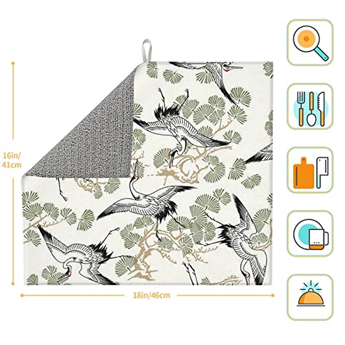 Japanese Crane & Pine Printed Drying Mat For Kitchen Ultra Absorbent Microfiber Dishes Drainer Mats Non-Slip Silicone Quick Dry Pad - 18 X 16inch