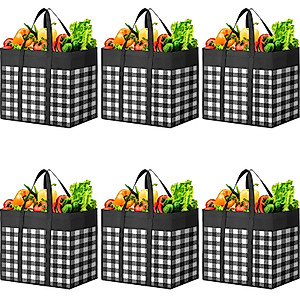 WOWBOX Reusable Grocery Bags,6-Pack, Foldable Reusable Shopping Tote Bags bulk with Reinforced Handles,Large Storage Bags with Water Resistant Coating for Groceries,Multipurpose,Black-White