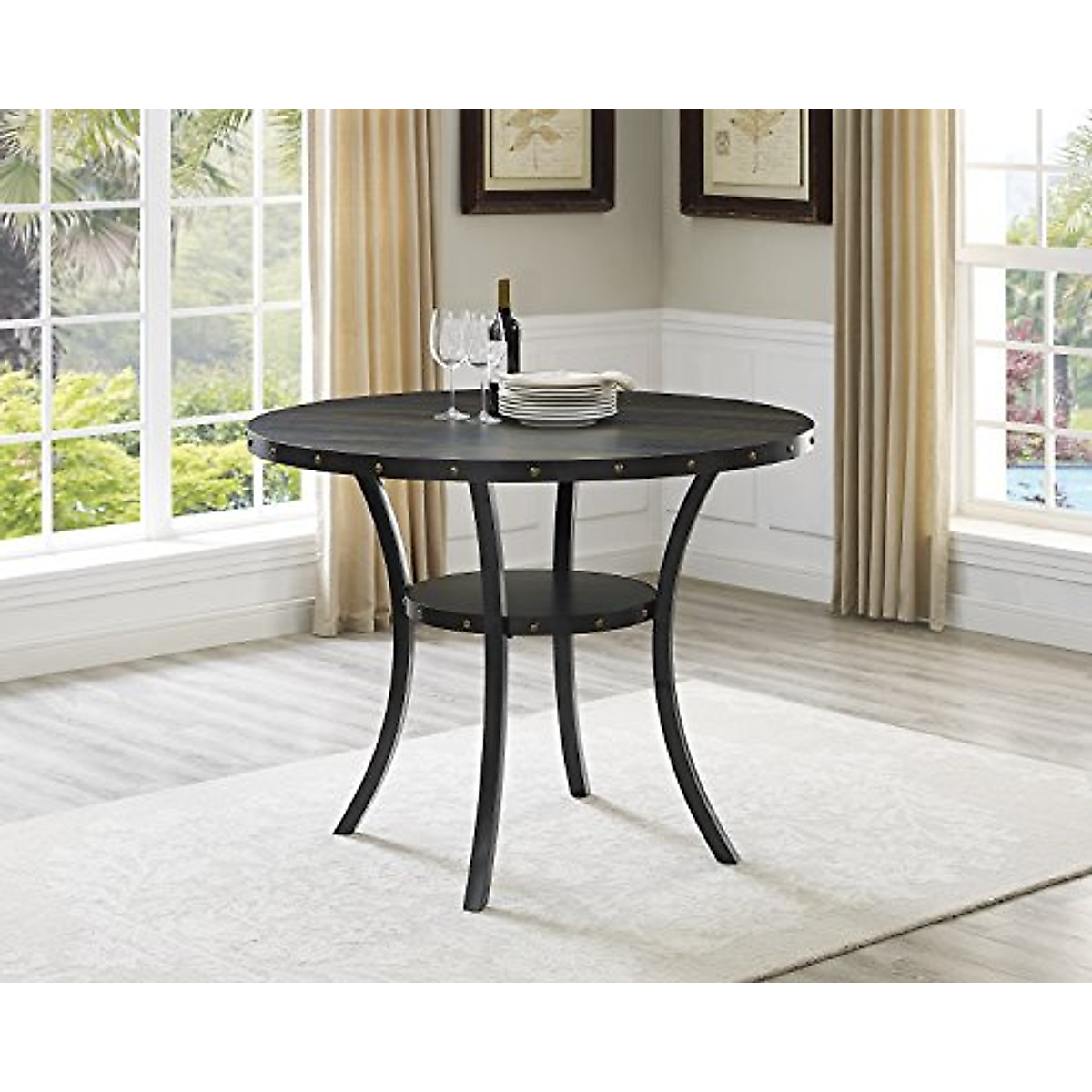 Roundhill Furniture Collection Biony Espresso Wood Counter Height Dining Set with Gray Fabric Nailhead Stools,