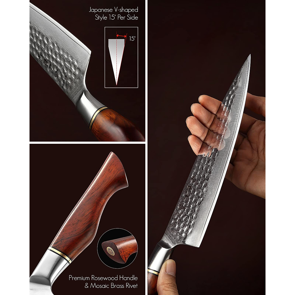 HEZHEN Damascus Knife Set 5PCS,Premium Powder Steel Forged Hammered Pattern, Rosewood Handle, Home Cooking Kitchen Knives