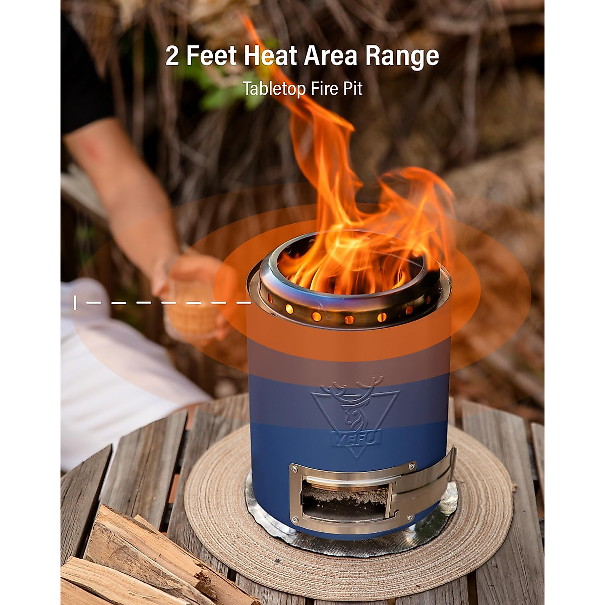 YEFU Tabletop Fire Pit 9.7 x 7.1 in, Flame Intensity Control Camping Stove for Outdoor & Patio, Fueled by Pellets or Wood, Safe Burning Table Top Firepit, with Travel Bag & 2 Mini Sticks, Blue