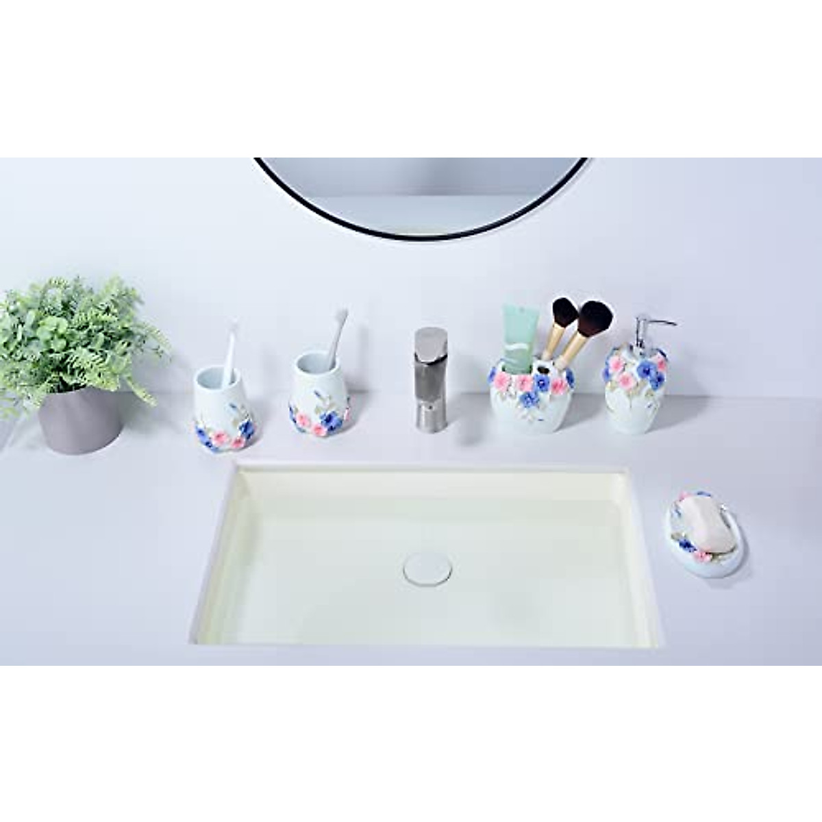 Ximlike Floral Bathroom Accessories Set Light Green, 5-Piece Resin Bathroom Completes Set Flower Pattern, Toothbrush Holder, Soap Dispenser, Tumbler, Soap Dish, Bathroom Vanity Organizer Decor Sets