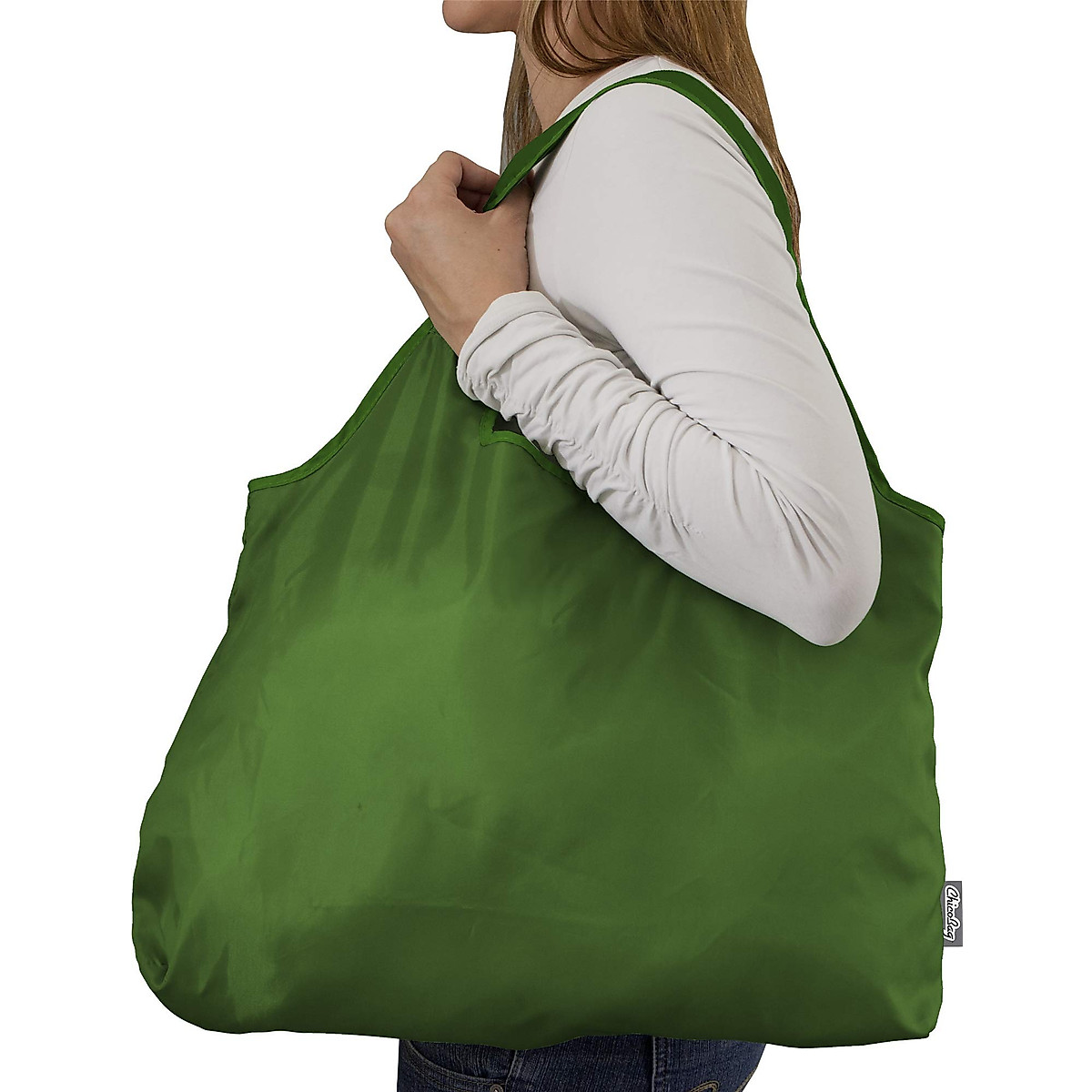 ChicoBag VITA Reusable Shopping Bag with Attached Pouch and Carabiner Clip, Compact, Designer Shoulder Tote, Pale Green