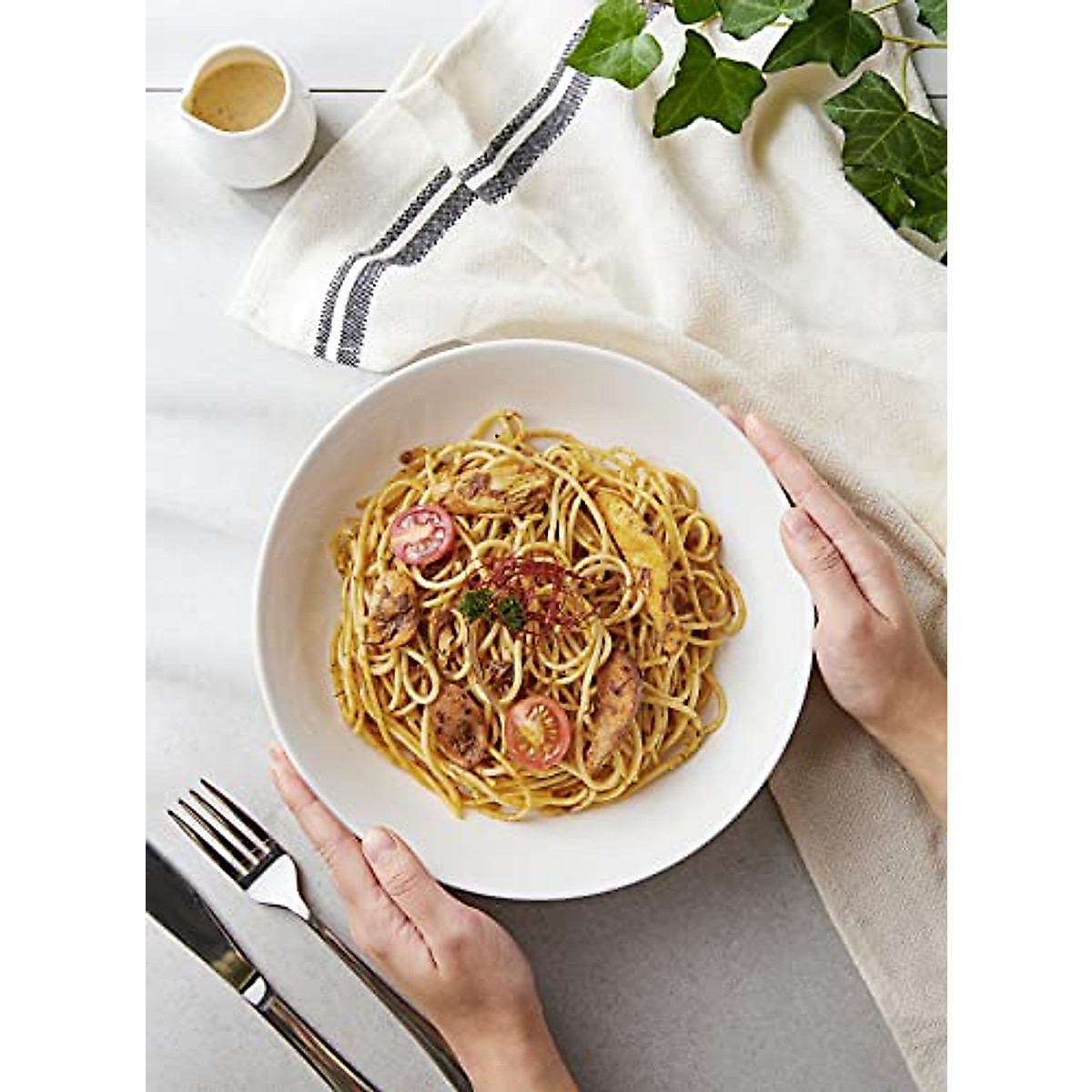 Sweese Porcelain Pasta Bowls, 45 Ounce Large Salad Serving Bowls, Wide and Shallow Bowls Set of 4, Microwave and Dishwasher Safe, White, No. 113.101