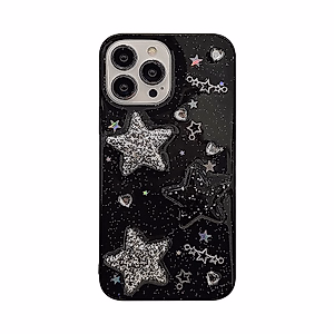 LOLAGIGI for iPhone 13 Case Bling Stars 3D Hearts Diamond Twinkle Star Glitter Y2K Spark Luxury Girly Aesthetic Personalized Design for Women Girls Teens TPU Case, 6.1", Black