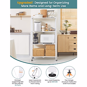 ALANNG Folding Storage Shelves with Wheels, Bookshelf with Storage, No Assembly Metal Rack Shelf for Kitchen, Office, Laundry, Garage (4 Tier, White)