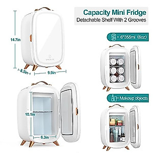 SPECILITE Mini Fridge, 6L Skincare Fridge with Mirror and LED Lighting Portable Cooler Small Refrigerator for Bedroom, Beauty, Makeup, Skin Care, Beverage, Cosmetics (White)
