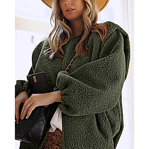 KIRUNDO Women's 2024 Fall Winter Sherpa Fleece Jacket Faux Wool Embedded Lantern Sleeve Casual Loose Outwear With Pockets(Army Green, Medium)