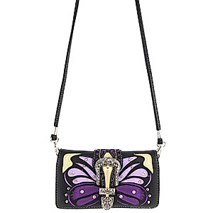 Zelris Buckle Abstract Butterfly Artwork Women Crossbody Wrist Trifold Wallet (Purple)