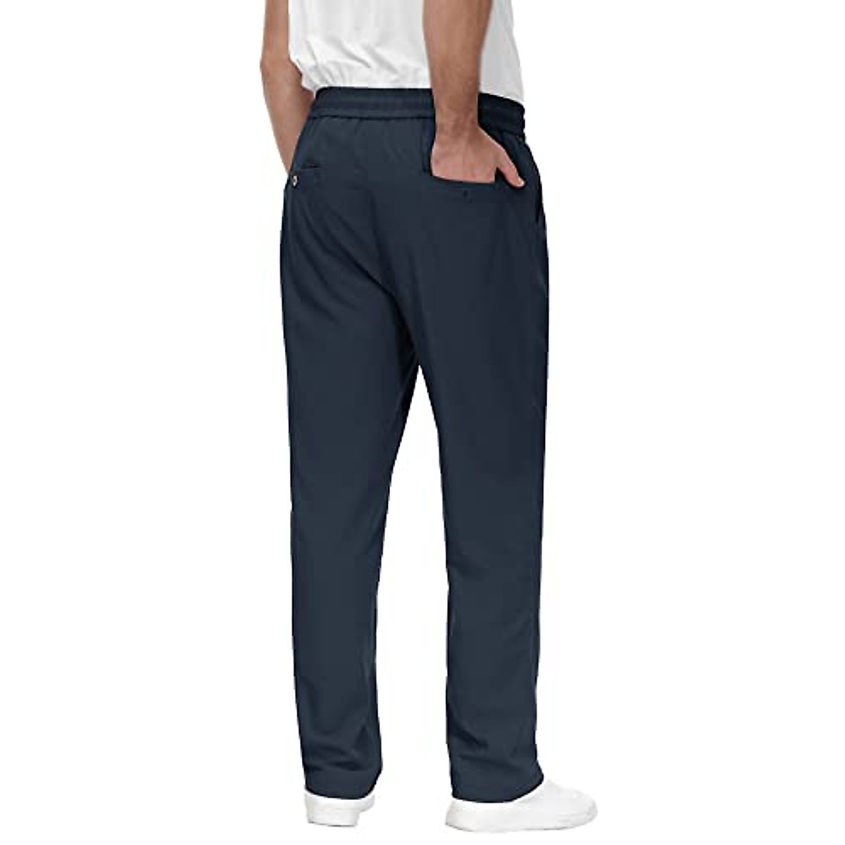 Poriff Mens Relaxed Fit Pants Elastic Waist Cotton Linen Drawstring Pants Navy Blue L