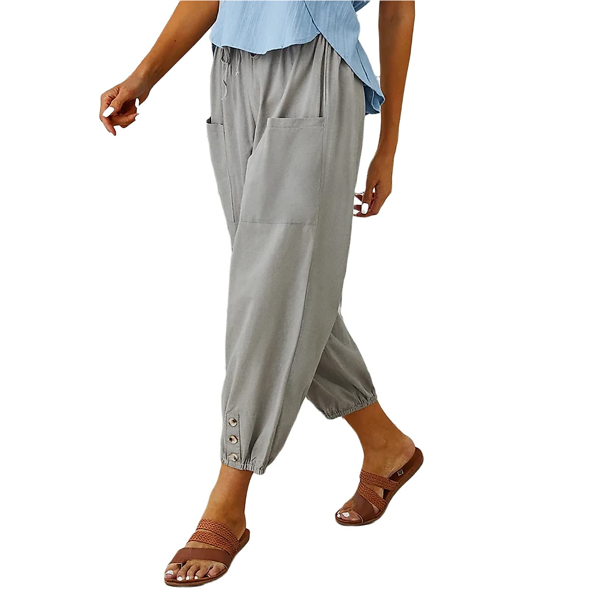 Womens Casual Capri Pants Elastic Waist Drawstring Summer Lounge Baggy Trousers Cinch Bottom Lantern Ankle Pants with Pockets