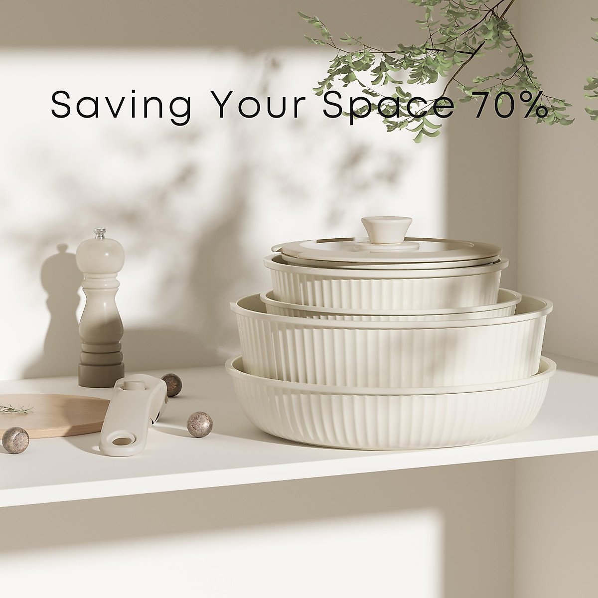 Caannasweis Detachable Nonstick Cookware Set - Stackable Induction Pots and Pans With Removable Handles, Dishwasher Safe - For RV Camping, Oven and Stovetop Use, 5 Pieces (Cream)