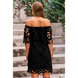 PRETTYGARDEN Women's Summer Off Shoulder Vintage Floral Lace Flare Short Sleeve Loose Elegant Mini Dress (Black,Medium)