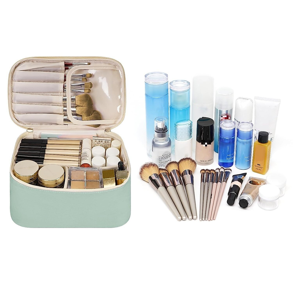 Narwey Travel Makeup Bag with Brush Compartments, Portable Cosmetic Bag Make up Bag Makeup Organizer Case with Brush Storage for Women (Mint Green)