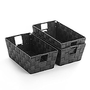 BINO 3 Pack Woven Strap Storage Basket Organizer - Shelf/Under Bed Organizers with Built-in Carry Handles, Dark Grey (Small)