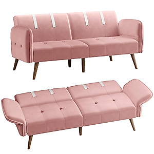 Shintenchi Futon Sofa Bed Modern Folding Sleeper Couch Bed for Living Room,Velvet Loveseat Sofa Couch Sofa cama for Apartments Office Small Spaces,w/Adjustable Armrests Backrest,Pink