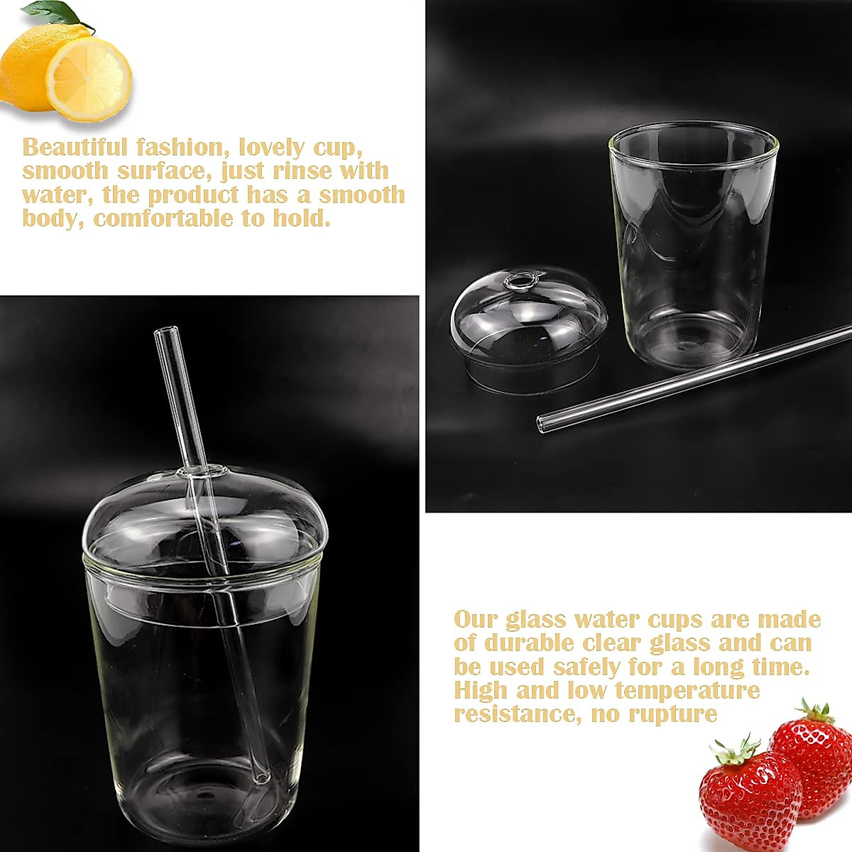 LNQ LUNIQI Clear Glass Cups with Lid and Straw,16 oz Wide Mouth Drinking Glass Tumbler, Reusable Glass Drinking for Juice Beverages Iced Coffee Tea Smoothie Soda Milk