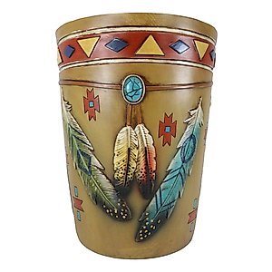 Ebros Gift Southwestern Tribal Native American Indian Colorful Feathers with Crackled Turquoise Stone Dream Catcher Design Dry Waste Basket Bin Bathroom Vanity Accent Figurine Decor Accessories