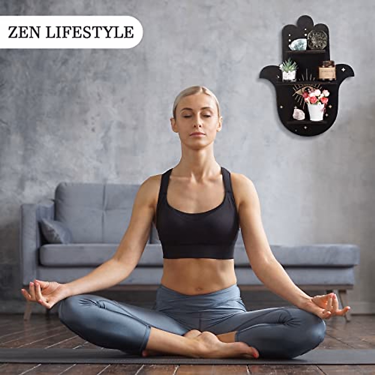 Yulejo Crystal Shelf Display Rustic Wooden Cat Moon Shelves Moth Hamsa Hand Wolf Crystal Holder Shelves Wooden Floating Shelf for Rock Gemstones Meditation Spiritual Gift for Home Bedroom (Hamsa Hand)