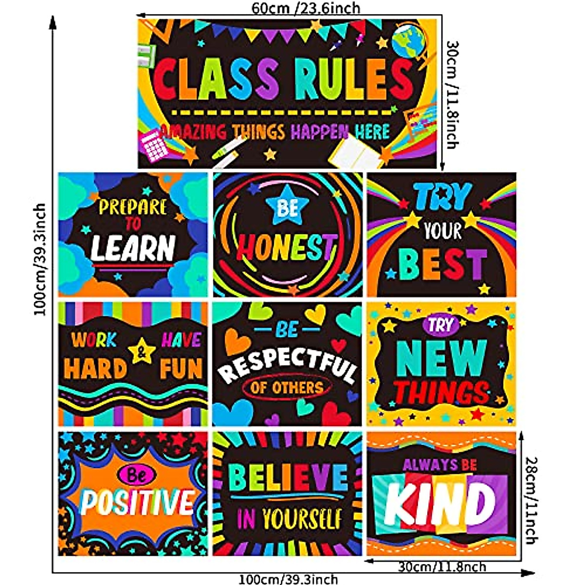 Tevxj 10 pieces Classroom Rules Poster for Classroom Decorations, Laminated Motivational Classroom Bulletin Board Set for Kindergarten Preschool Primary Middle High School