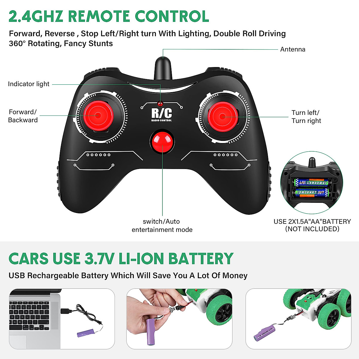 Remote Control Car, Double Sided RC Car, 4WD Off-Road Stunt Car with 360° Flips, 2.4Ghz Indoor/Outdoor All Terrain Rechargeable Electric Toy Cars Gifts for Boys Kids 3 4 5 6 7 8 9+ Year Old