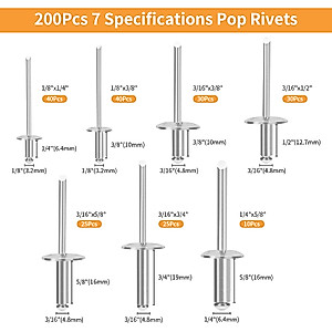 200PCS Pop Rivets Assortment Kit, Kaibced Large Flange Aluminum Rivets(1/8" 3/16" 1/4") Assorted Blind Rivets with Case (Silver)