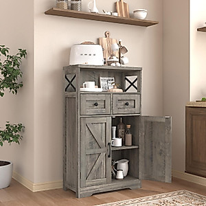 Befrases Farmhouse Storage Cabinet with Drawers and Shelf, Freestanding Kitchen Pantry Storage Cabinet, Floor Storage Cabinet Hutch Cupboard for Kitchen, Living Room, Home Office, Rustic Grey