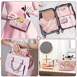 LieToi Preppy Patch Small Toiletry Bag Smile Lightning Heart PU Leather Portable Waterproof Makeup Cosmetic Bag Daily Use Storage Purse Travel Organizer Compliant Bag for Women Girls Gift (Pink)