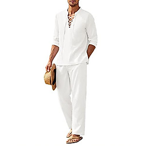 COOFANDY Men's 2 Piece Linen Set Long Sleeve Henley Shirts Casual Beach Pants With Pockets Summer Yoga Outfits