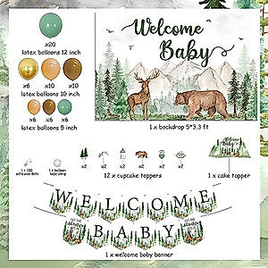 Let the Adventure Begin Baby Shower Decorations Sage Green and Gold Balloon Garland Arch with Welcome Baby Backdrop Banner Cake Toppers for Forest Mountain Adventure Baby Shower Decorations