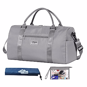 SUPROMOMI Large Travel Duffel, Sports Tote, Gym Yoga Bag - Airplane Carry-on with Extra Shoe & Small Clear Makeup Bag - Overnight Crossbody for Men & Women - Grey
