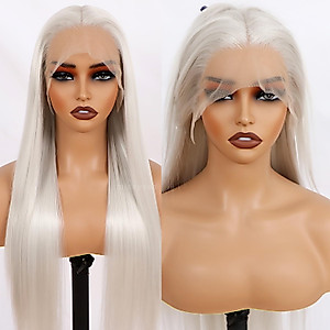Missyvan White Hair Color 13 * 4 Lace Front Wig Glueless Long Straight Hair Wigs Platinum White Heat Resistant Fiber Hair Synthetic Lace Front Wigs for Fashion Women 28Inches