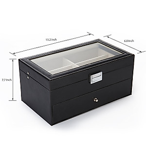 MyGift Deluxe Black Sunglass Storage Case - 12 Slot Eyewear Display Box with Glass Lid and Leatherette Trim