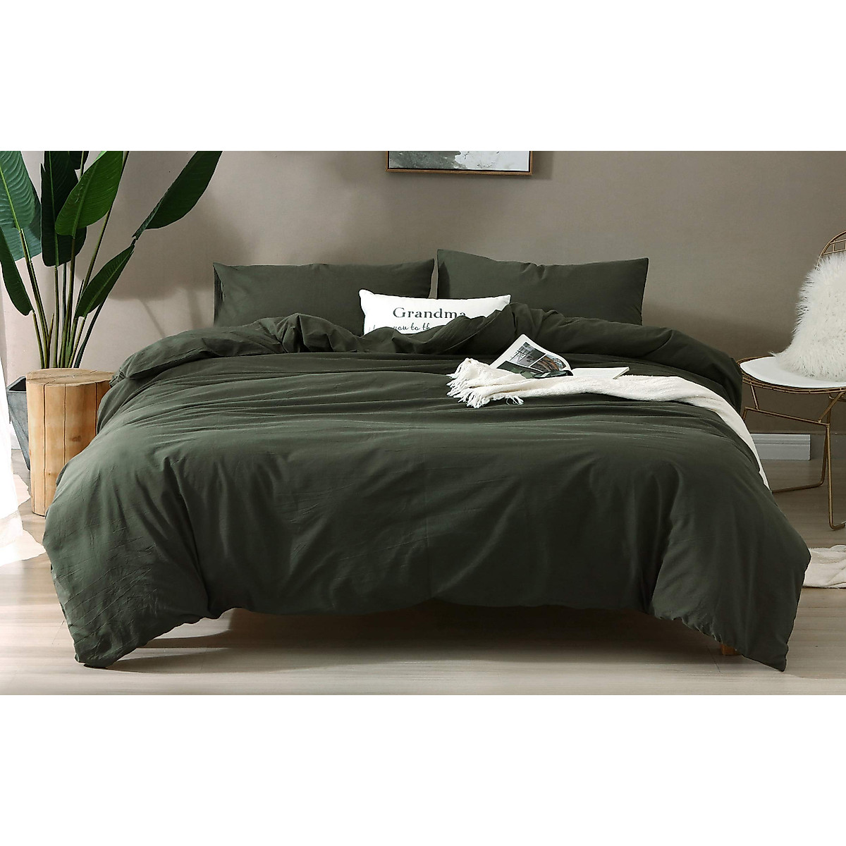 F.Y.Dreams 3Pcs Queen Size 100% Washed Cotton Duvet Cover Set,Fade-Resistant Linen Like,1 Duvet Cover 90x90 Inches with Zipper and 2 Pillowcases(NOT Suitable for Weighted Blankets),Forrest Green