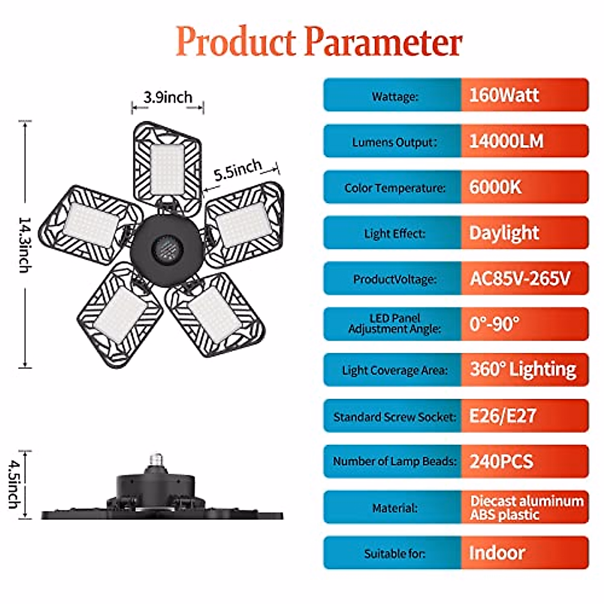 LED Garage Lights, Deformable LED Garage Ceiling Lights with 5 Adjustable Multi-Position Panels, 160W 14000LM Super Bright Garage Light Bulbs, LED Shop Lights for Garage Workshop Basement Attic