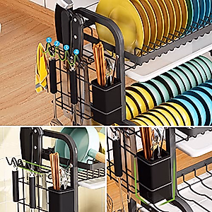 1Easylife Dish Drying Rack, 2-Tier Compact Kitchen Dish Rack Drainboard Set, Large Rust-Proof Dish Drainer with Utensil Holder, Cutting Board Holder for Kitchen Counter Tableware Organizer