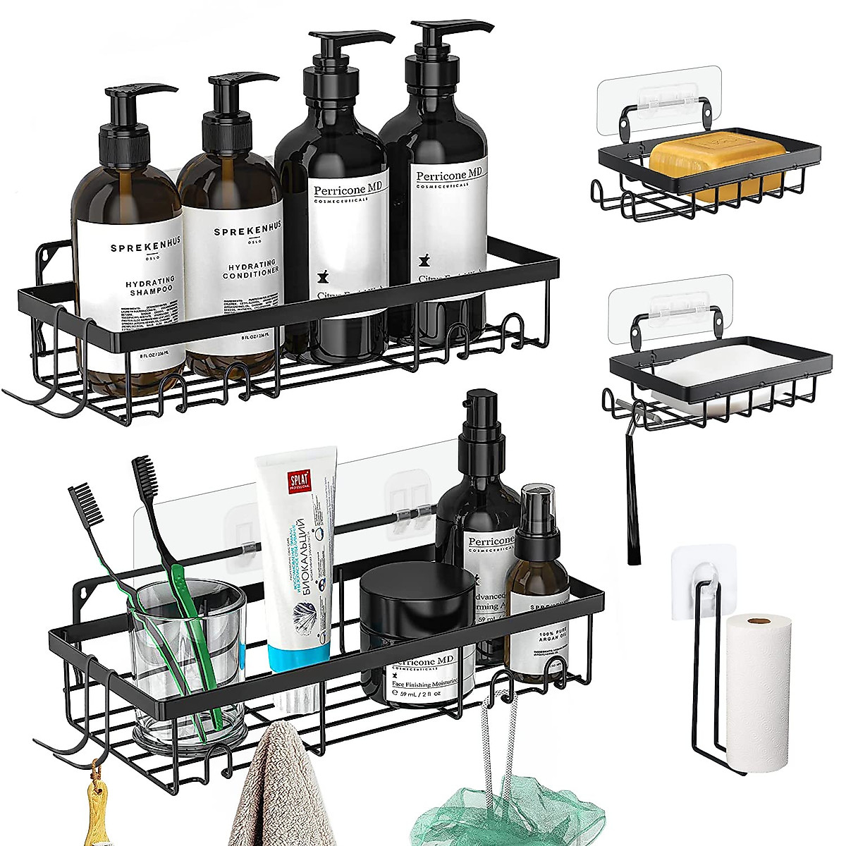 Shower Caddy Shelf (2 Pack) with 2 Soap Dishes, No Drilling Traceless Adhesive Toilet Paper Holder Shower Organizer with 4 Hooks