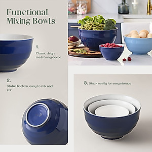 DOWAN Mixing bowls, 4.25/2/0.5 Qt Ceramic Mixing Bowls for Kitchen, Large Salad Serving Bowls, Nesting Mixing Bowls Set, Microwave Safe, Blue