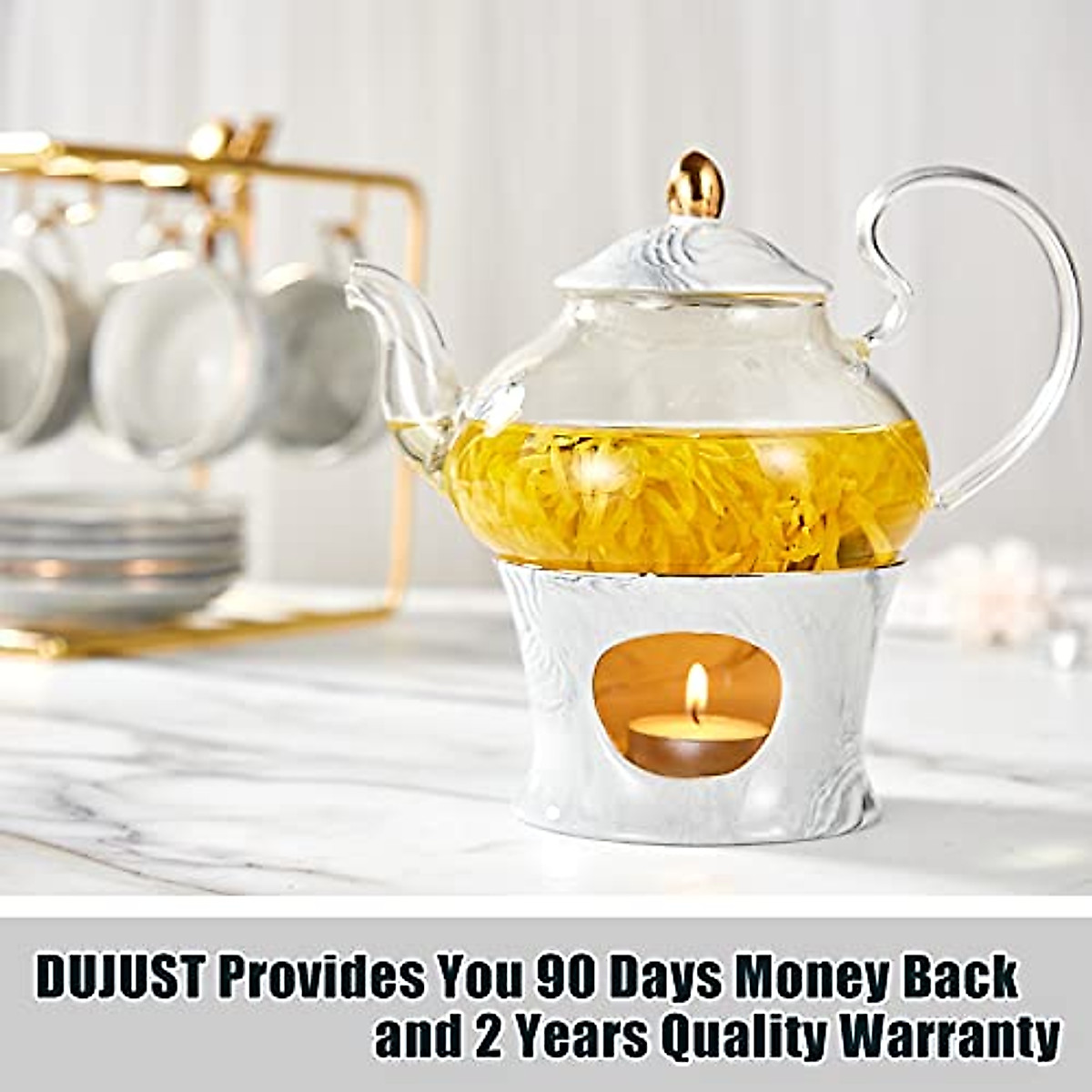 DUJUST 21 pcs Small Tea Set of 6, Gray Marble Texture with Handcraft Golden Trim, Fine Porcelain Tea pot Set for Kids&Adults, 1 Glass Teapot(22oz), 6 Cups(4oz), 6 Saucers, 6 Spoons, 1 Shelf&1 Warmer